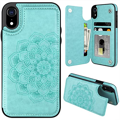 MMHUO for iPhone XR Case with Card Holder, Flower Magnetic Back Flip Case for iPhone XR Wallet Case for Women, Shockproof Protective Case Full Cover Phone Case for iPhone XR,Mint