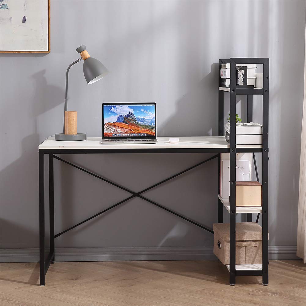 Computer Writing Study Home Office Desk, Multipurpose Study Table H Shape Table with 4 Tier Bookshelves, 47 inch #White