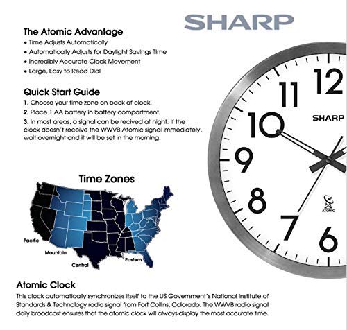 SHARP Atomic Analog Wall Clock - 12" Silver Brushed Finish Sets Automatically- Battery Operated Easy to Read Use: Simple, Style fits Any Decor