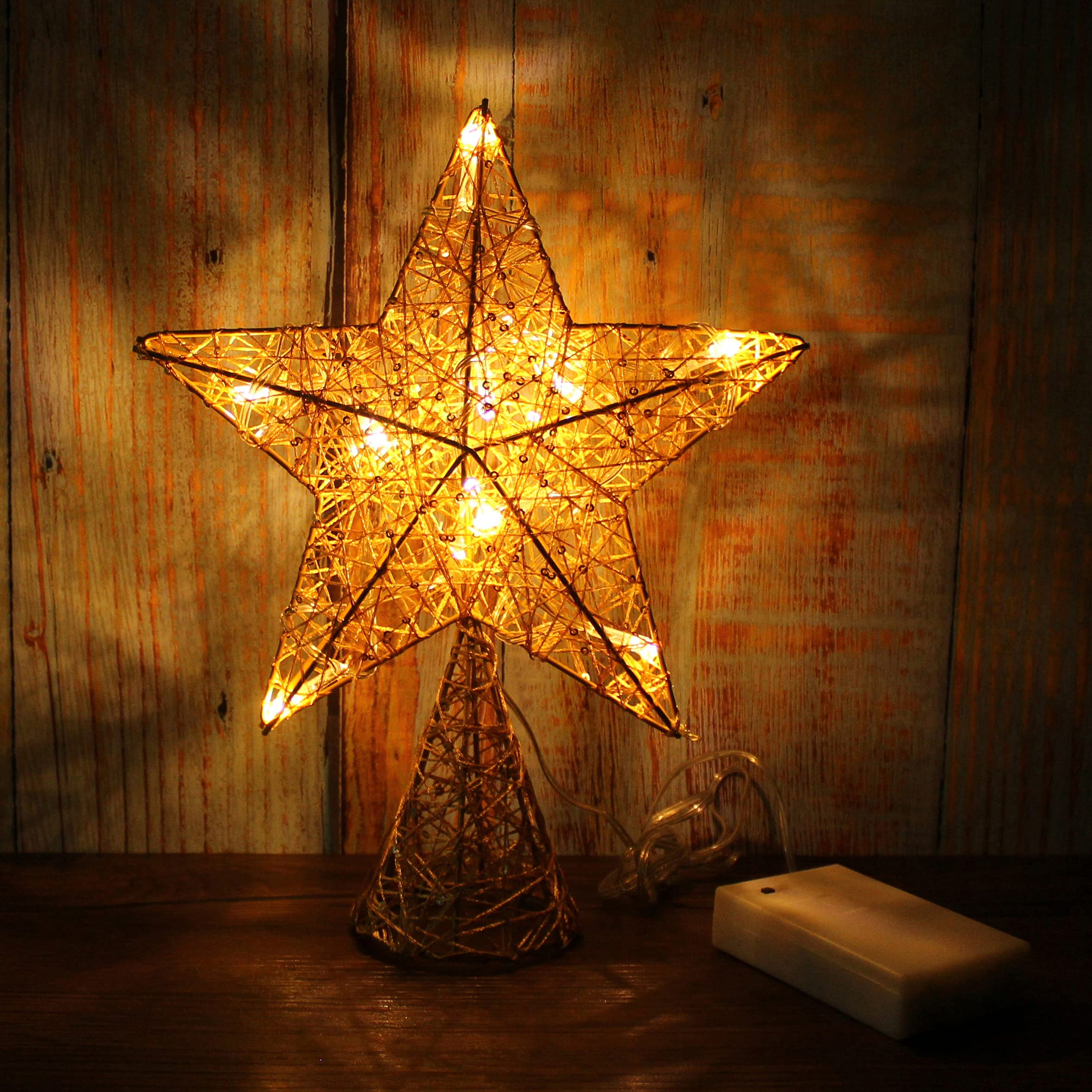 CVHOMEDECO. Gold Tree Top Star with Warm White LED Lights and Timer for Christmas Ornaments and Holiday Seasonal Décor, 8 x 10 Inch