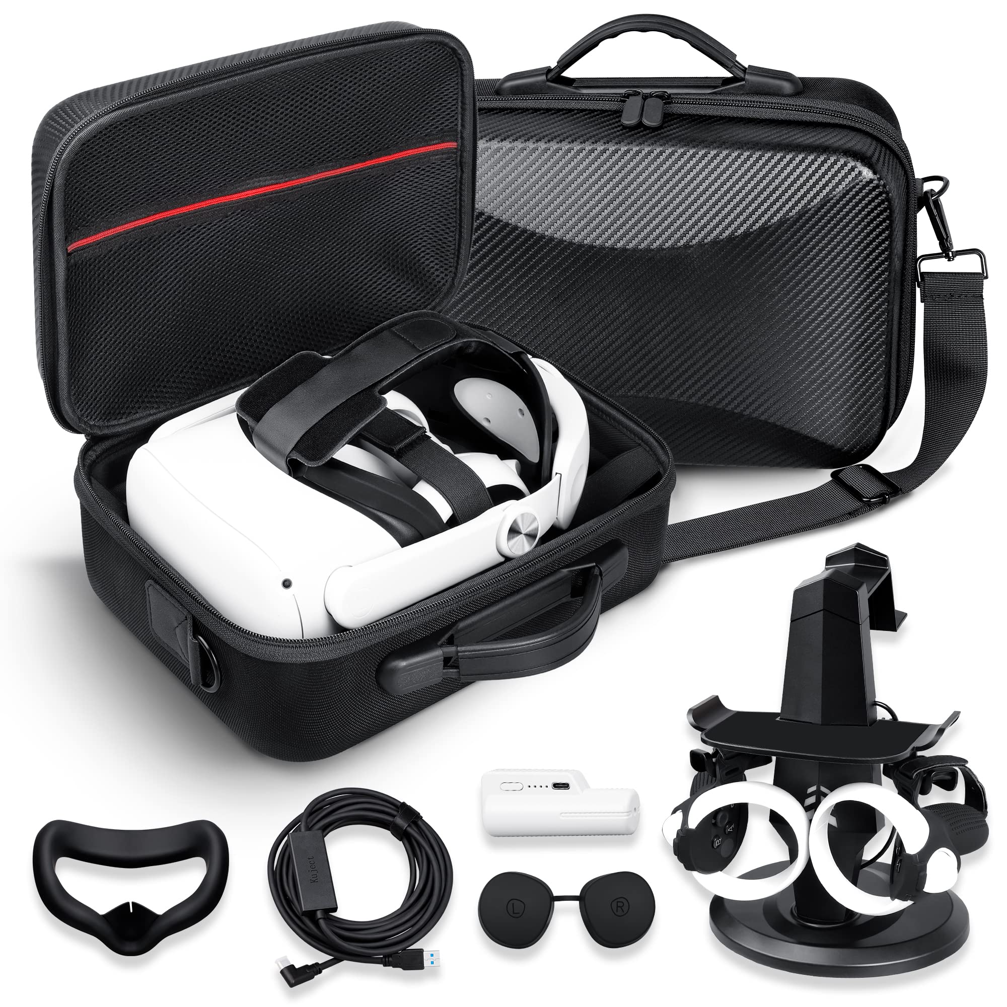 Kuject All in One Accessories Bundle for Quest 2, Accessories Set with Carrying Case, Head Strap, Battery Pack, Link Cable, Charging Dock, Controller Grips, Face & Lens Cover Travel Kit