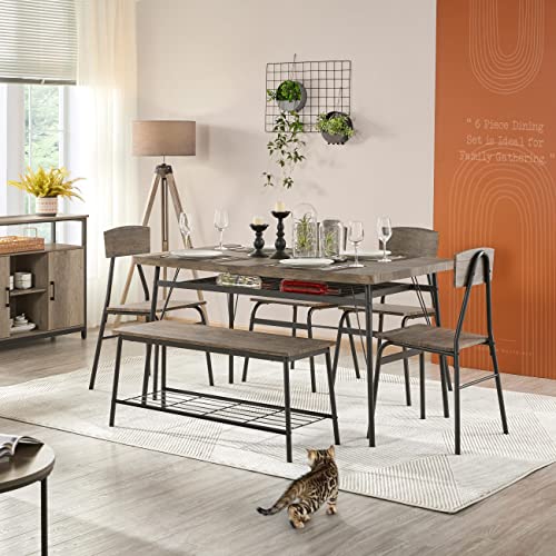 Yaheetech Dining Table Set for 6 Kitchen Table Set with Chairs and Bench 6 Piece Dining Set with 2 Storage Racks, Protective Foot Pads for Dining Room, Kitchen and Apartment, Drift Brown
