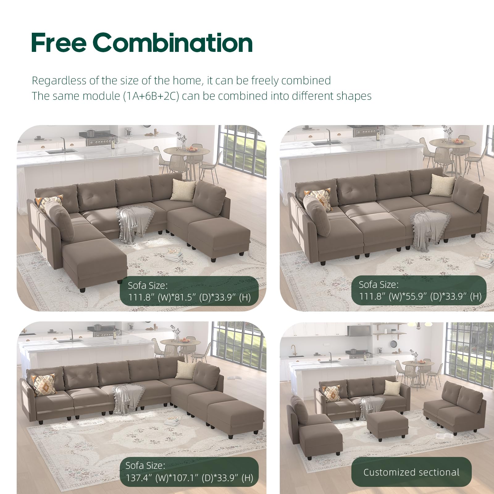 LLappuil Oversized Modular Sectional Sofa with Reversible Chaise, Velvet Sleeper Couch with Storage Seat, 10 Piece Waterproof Anti-Scratch Versatile Modern Sofas for Living Room, Grey Brown