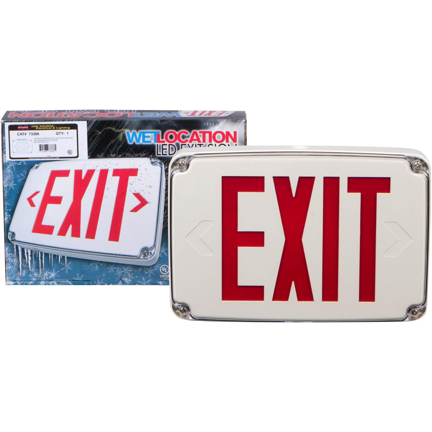 Morris Products Cold Weather, Wet Location LED Exit Sign β Emergency Battery Backup Exit Signage β Red with White Housing β Compact, Low-Profile Design β Dual Voltage, Fully Automatic