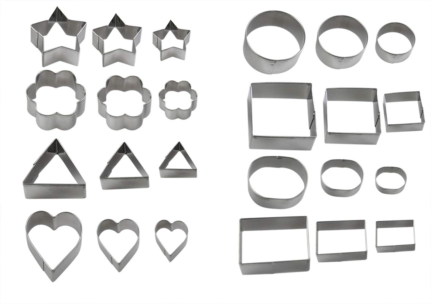 HOME-X Stainless-Steel Cookie Cutter Set, Rectangle, Square, Triangle, Heart, Circle, Star, Flower, and Oval Shapes, Set of 24, Assorted Sizes, Silver