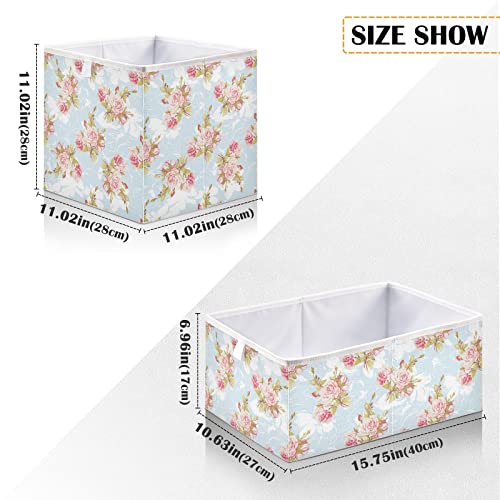 Ollabaky Floral Pink Roses Cube Storage Bin Fabric Foldable Storage Cube Basket Cloth Organizer Box with Handle for Closet Shelves, Nursery Storage Toy Bin, S