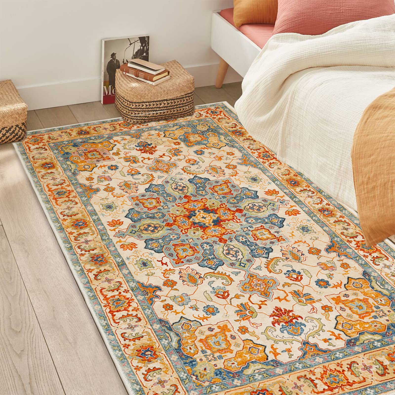 COMSLE Boho Area Rug, 4' x 6' Machine Washable Rugs for Entryway Faux Wool Large Rugs Distressed Throw Rug Non-Slip Floor Carpet for Indoor Bedroom Kitchen Living Room