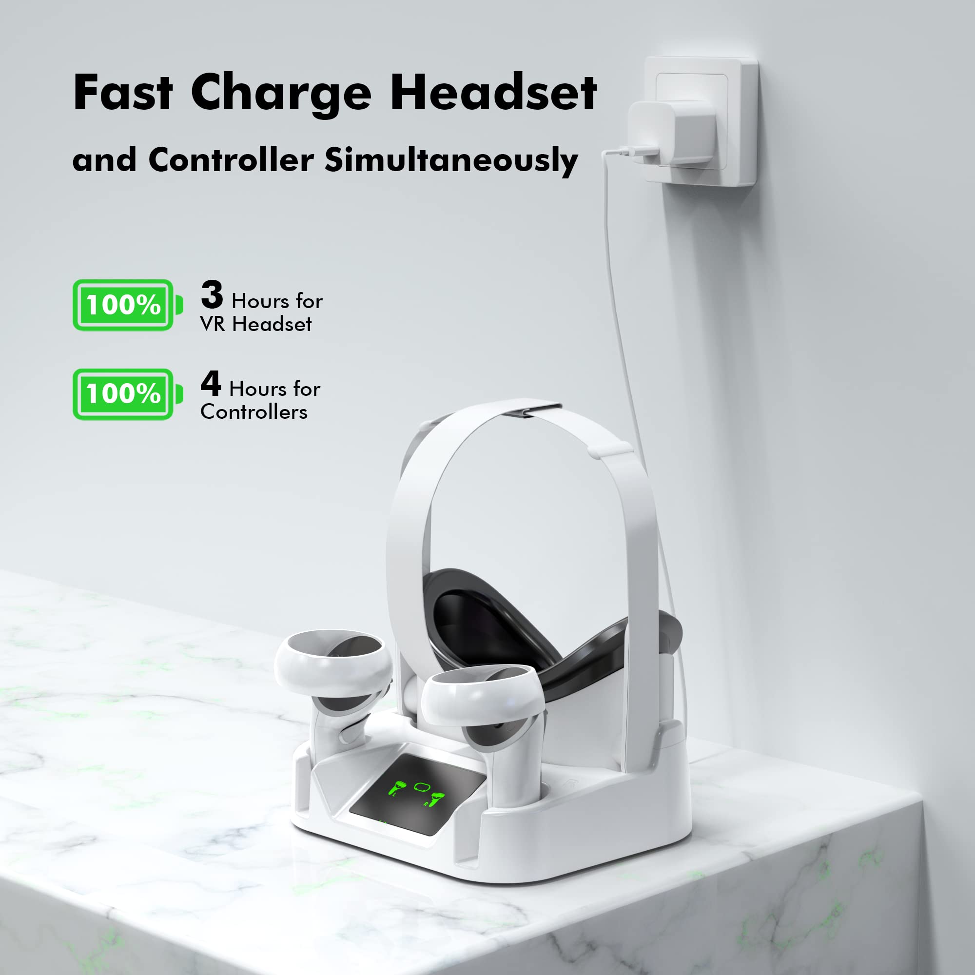 Kuject Charging Dock for Quest 2 with LED Display, Compact Charging Station for VR Headset and Controllers, Magnetic Charging Stand Accessories with 2 Rechargeable Batteries, USB-C Charger and Cable