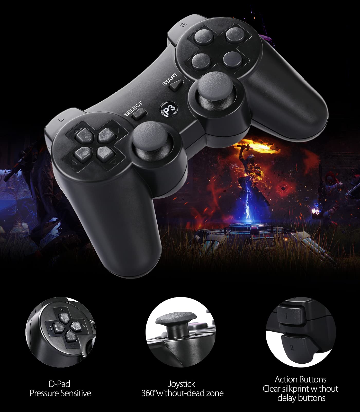 YCCTEAM Wireless Controller Compatible with PS3, Controller Replacement for PS3 with Upgraded High-Precision Joystick, Wireless Remote Gamepad with Charger Cable (Black)