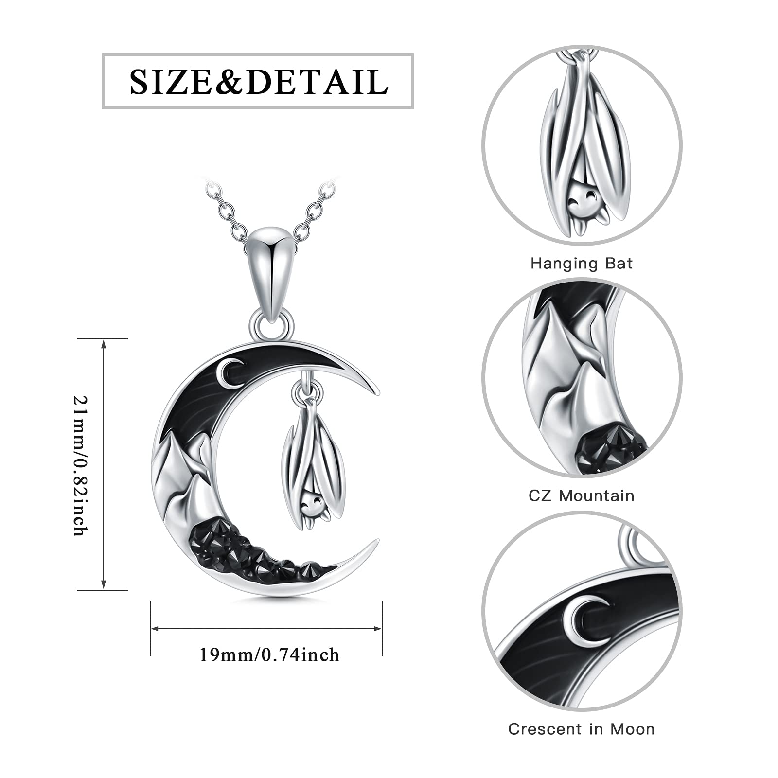 Flpruy Bat Crescent Moon Necklace 925 Sterling Silver Gothic Pendant Black CZ Mountain Necklace Jewelry for Women