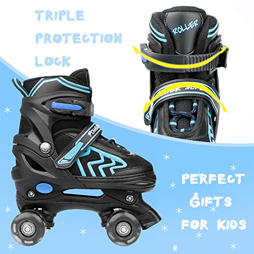 Kids Roller Skates for Boys Adjustable Roller Skates for Boys, Girls with 8 Wheels Lighting for Indoor Outdoor Quad Skates (Black&Blue, Medium - Big Kid)