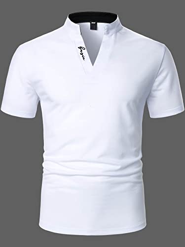 SheIn Men's Contrast Collar Short Sleeve Golf Polo Shirt Button Up Regular Fit T Shirts V Cut White XXL