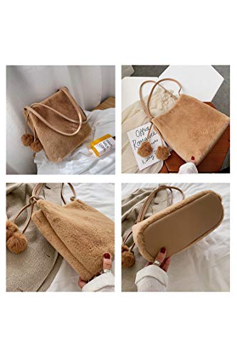 Ulisty Women Autumn Winter Small Faux Fur Shoulder Bag Fluffy Bucket Bag Plush Handbag khaki