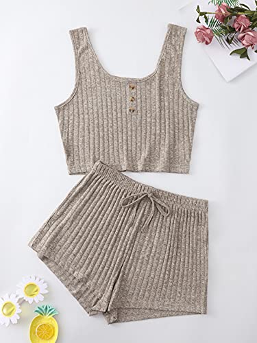 SheIn Women's 2 Piece Sleeveless Button Crop Tank Tops and Shorts Lounge Set Khaki Medium