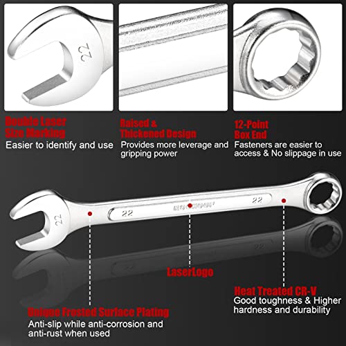 ROCHOOF Combination Wrench Set,33-Piece Chrome Vanadium Steel Wrench Set 12-Point SAE & Metric Wrenches 1/4"-1" and 6-22mm with Rolling Pouch