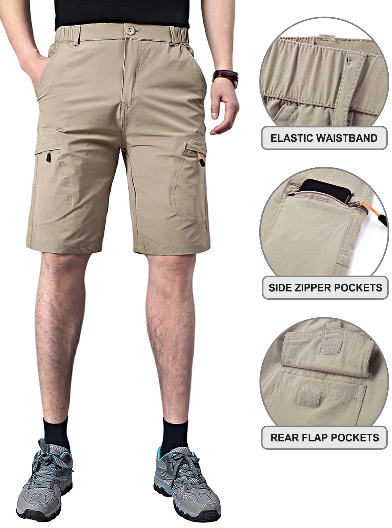 EXEKE Men's Lightweight Hiking Shorts Stretch Quick Dry Cargo Shorts with Multi Pocket 267-1XL/Khaki 32-33