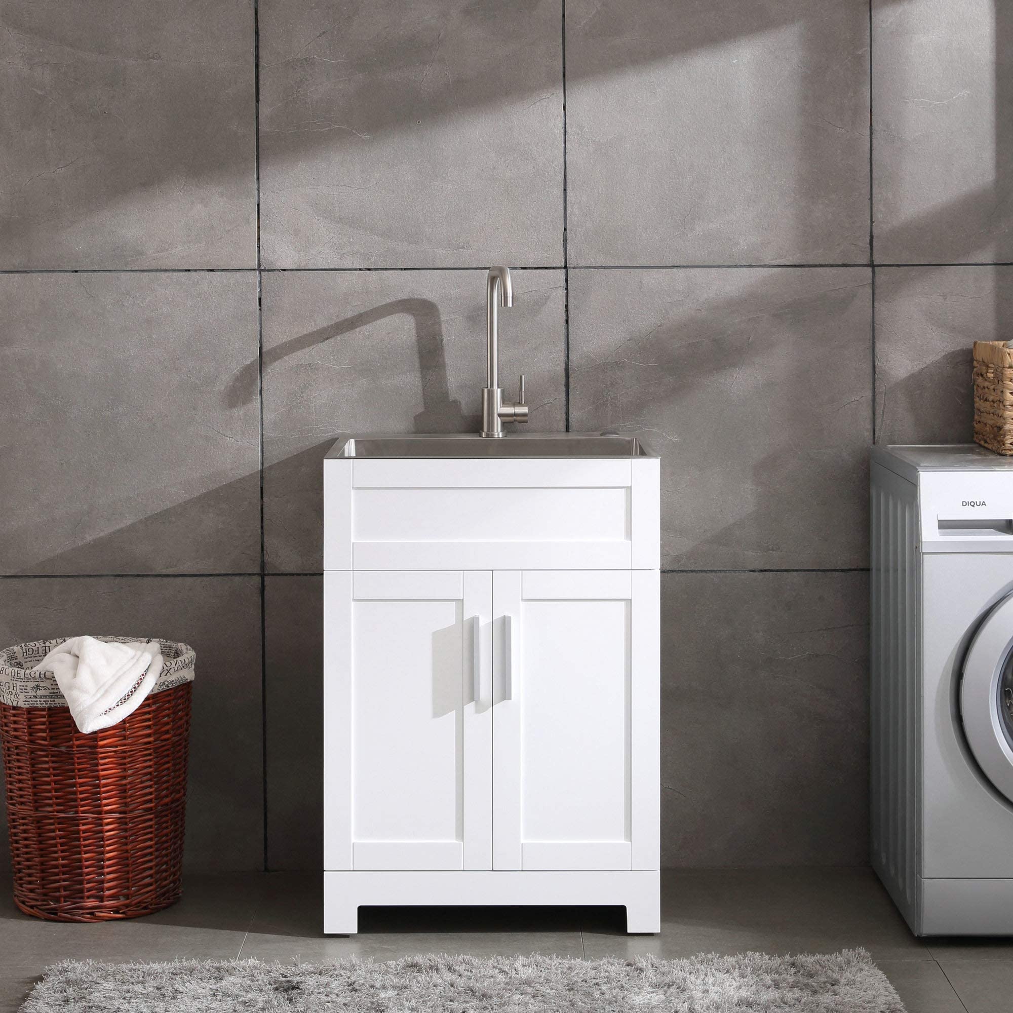 Homecart 24" White Laundry Utility Cabinet w/Stainless Steel Sink and Faucet Combo