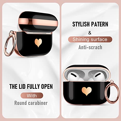 Maxjoy Airpods Pro 2 Case Cover,Cute Electroplating with Gold Heart Pattern with Lanyard Shockproof Cover for Girls Woman Airpods Pro 2 Generation Case-Black