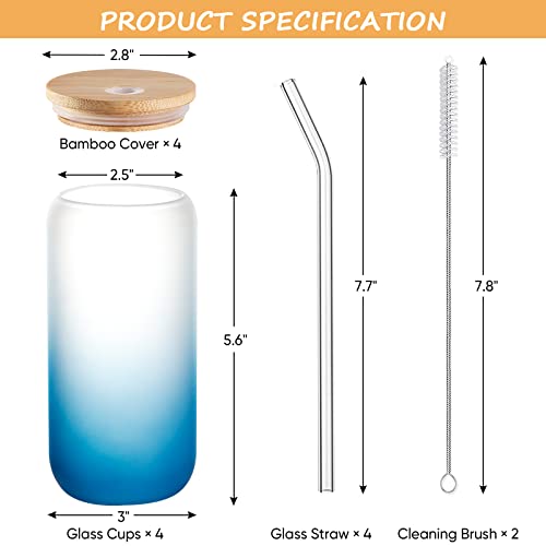 Drinking Glasses, 4 Pcs Sublimation Glass Blanks with Bamboo Lid, 17Oz Frosted Glass Cups with Lids and Straws Beer Can Shaped Glass Tumbler Gradient Color Change Glassware Set for Iced Coffee Drinks