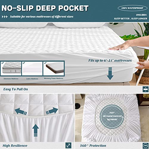 Queen Mattress Cover Waterproof, Deep Pocket Mattress Pad Protector Fits to 6''-21'', Breathable Hollow Cotton Filling Quilted Mattress Protector for Queen Size