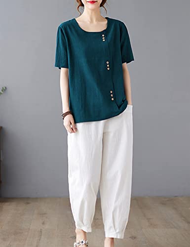 Yeokou Women Cotton Blend Crew Neck Short Sleeve Basic Tunic Tee Shirts Tops Blouse(Teal-XL)