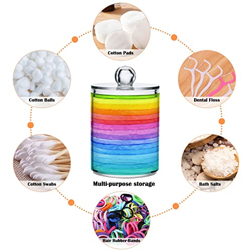 Kigai 2 Pack Rainbow Stripe Qtip Holders Dispenser Bathroom Vanity Organizers Clear Plastic Apothecary Jars with Lids for Cotton Ball, Cotton Swab, Cotton Round Pads, Floss