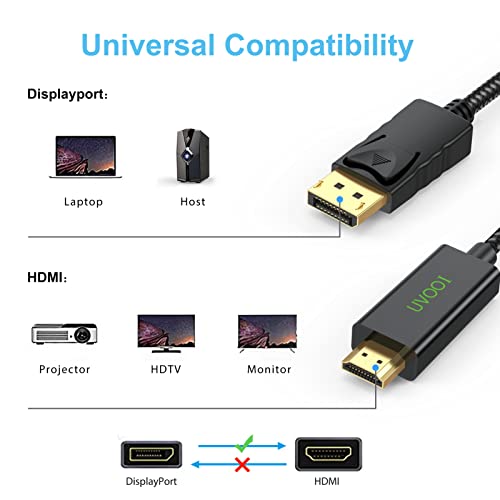 DisplayPort to HDMI Cable 6 Feet, Display Port to HDMI Nylon Braid Cables 1080P DP to HDTV Uni-Directional Cord for Dell, Monitor, Projector, Desktop
