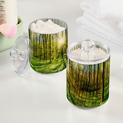 Kigai Beautiful Green Forest Landscape Qtip Holder Dispenser for Cotton Ball, Cotton Swab,Plastic Clear Apothecary Jar, Home Décor Kitchen Storage Jar,2 Pack