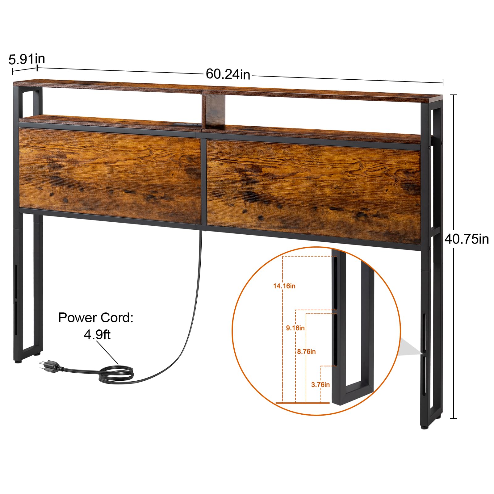 LOAKEKEL Queen Headboard Only, Headboard Queen Size with Outlets and USB Ports, Wood Platform Bed Queen Headboard with 2 Tier Storage Rack, Adjustable Height, Easy Assembly, Black HB052BK