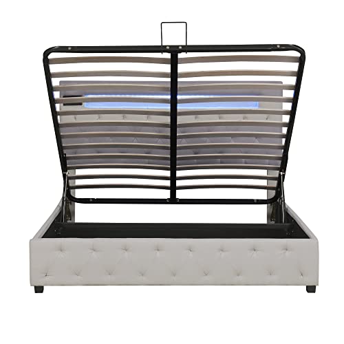 Queen Size Upholstered Platform Bed with Gas Lift up Storage,Adjustable Headboard Featured w/Bluetooth Audio, LED Light and USB Charging,Hydraulic Storage Platform Bed for Kids Teens Adults