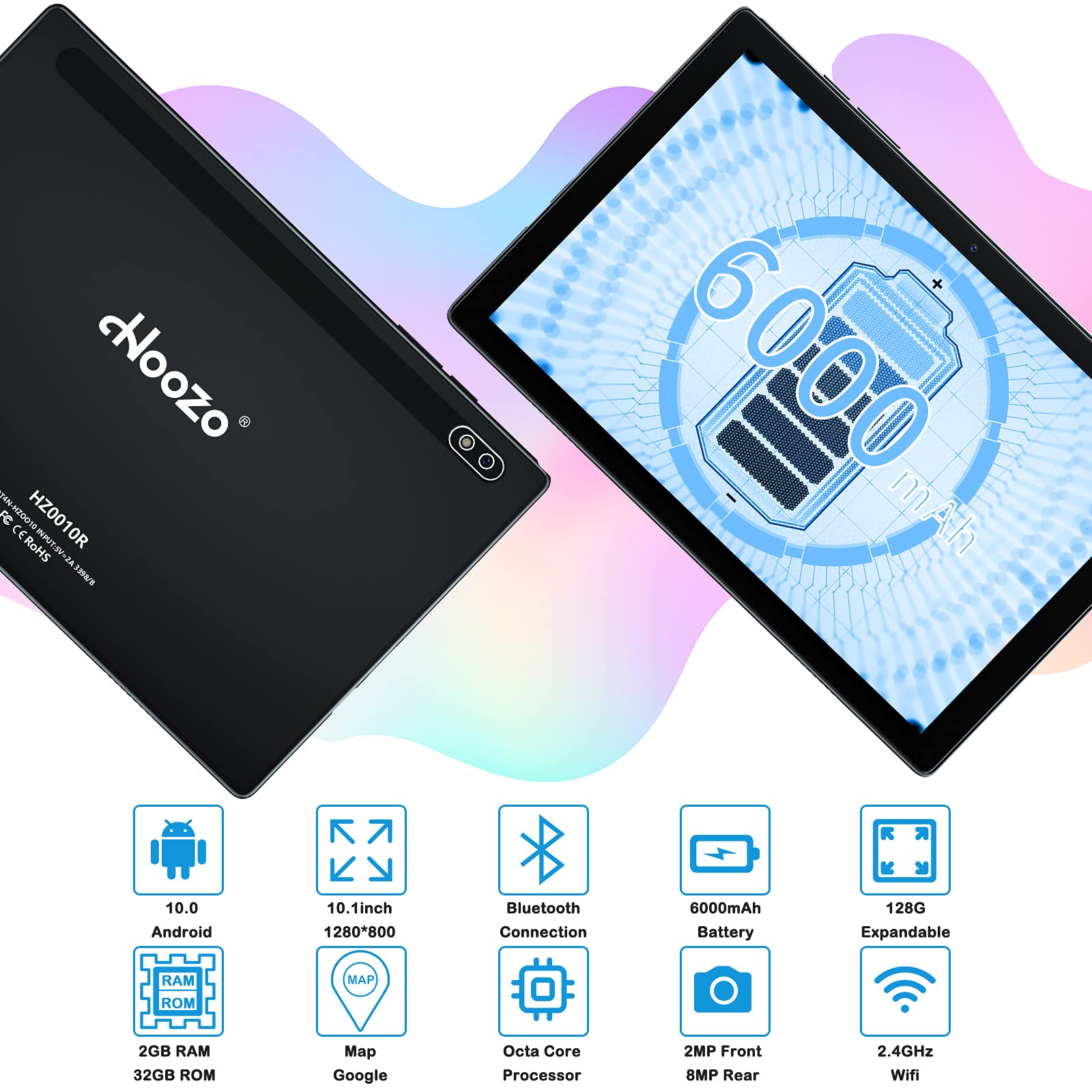 Hoozo Tablet 10 Inch, Android 10 Tablets with 6000mAh Long Battery Life, Quad Core HD Touch Screen, 32GB, WiFi BT Google Play Tabletas PC - 2PACK