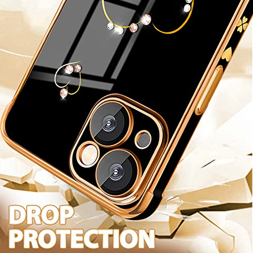 Petitian for iPhone 14 Plus Case, Cute Women Girls Bling Glitter Love Heart Designed for iPhone 14 Plus Phone Cases, Girly Gold Plating Phone Cover for 14 Plus with Camera Protection Black