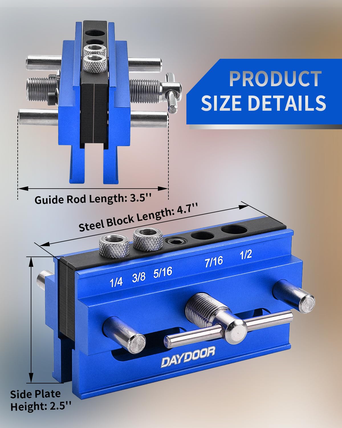 DAYDOOR Self Centering Doweling Jig Kit, Adjustable Width Dowel Jig for Woodworking, Centering Jig for Straight Holes Biscuit Joiner Set with 6 Bushings(Blue)
