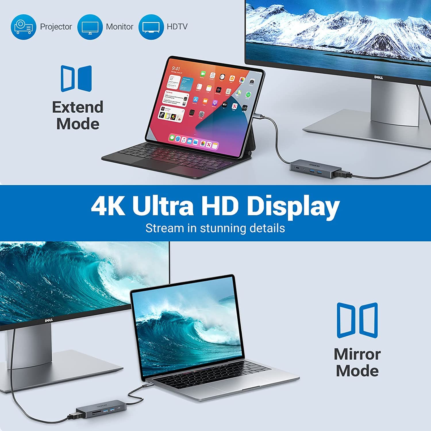 HOPDAY 10 in 1 USB C Hub, USB C Adapter MacBook Pro/Air iPad Pro Adapter with 4K HDMI Output, Compatible for Laptop, Surface Pro 8, Type C Devices (PD 100W USB 3.0 TF Card Reader)