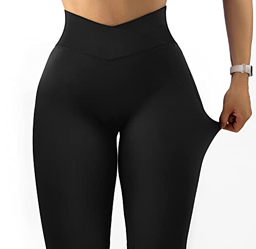 MOOSLOVER Women Crossover V Waist Butt Lifting Leggings High Waisted Yoga Pants(XL,Black-722)