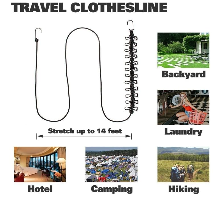 LUKEYLAND Portable Travel Clothesline,Adjustable Elastic Travel Camping Clothes line with 12 PCS Clips and 14 Positioning Clasp Windproof Clothesline Travel Camp(2pcs)