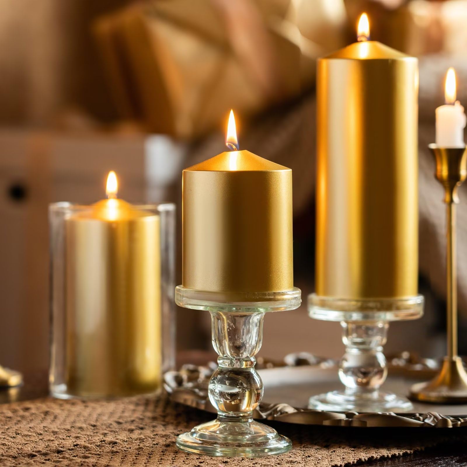 MOZEAL 3" x 4" Hand-Poured Unscented Gold Pillar Candles,Dripless Candles Set of 3,Smokeless,Clean Burning,Approx 60 Hours Burn Time,Wedding,Dinner,Christmas and Home Decor(3 Inch Width Series)