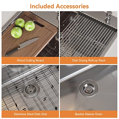 HOROW 33 inch Drop In Workstation Kitchen Sink, 18 Gauge Topmount Drop In Sink for Kitchen, sus 304 Stainless Steel Sink with 2 holes, Deep Single Bowl Kitchen Sink with Accessories, 33"x22"x10"