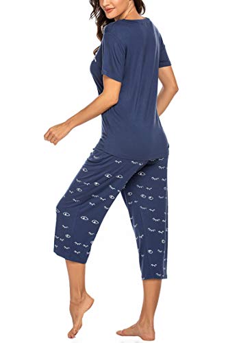 MAXMODA Women's Short Sleeve Capris Pajama Set Sleepwear Pj for Teen Girl Navy Blue L