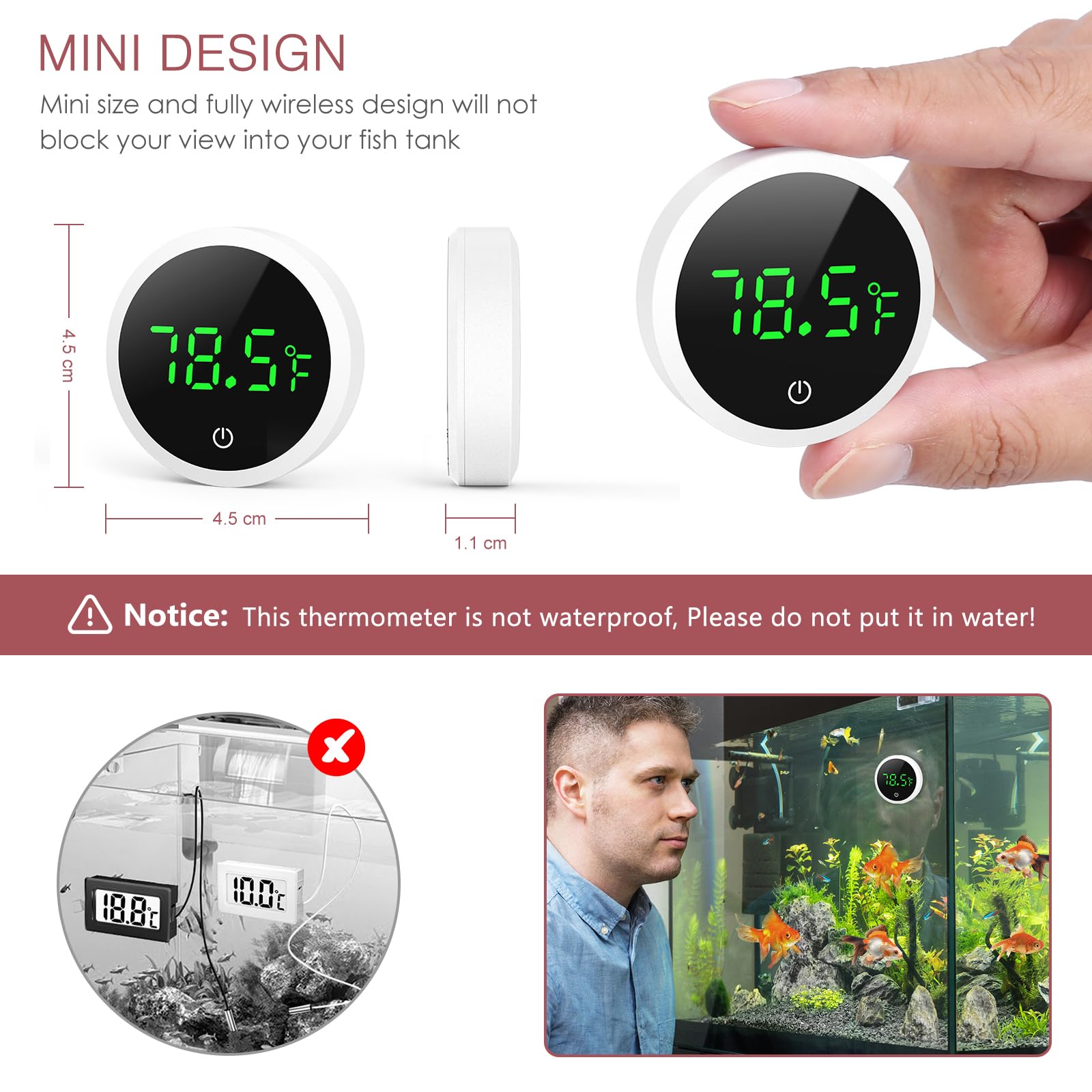 LOFICOPER Aquarium Thermometer, Digital Fish Tank Thermometer, Stick-on Reptile Thermometer with LED Touch Screen, Battery, for Fish, Aquatic Pets, Axolotl, Turtle, β