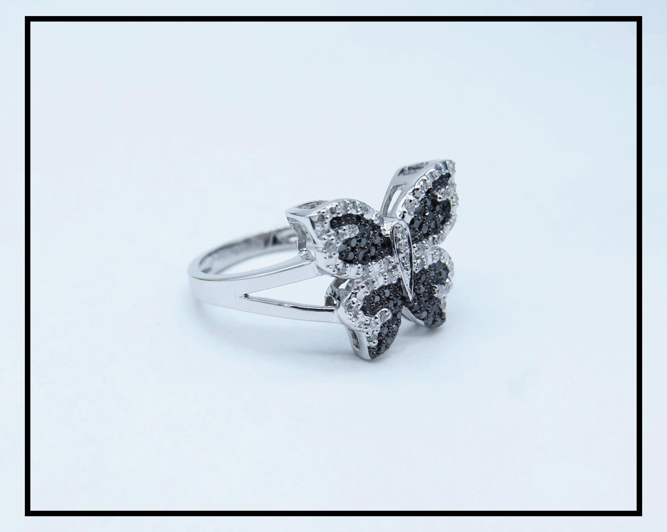 Dazzlingrock Collection 0.24 Carat (Cttw) Sterling Silver Round Black & White Diamond Butterfly Cocktail Ring 1/4 CT, Size 5.5