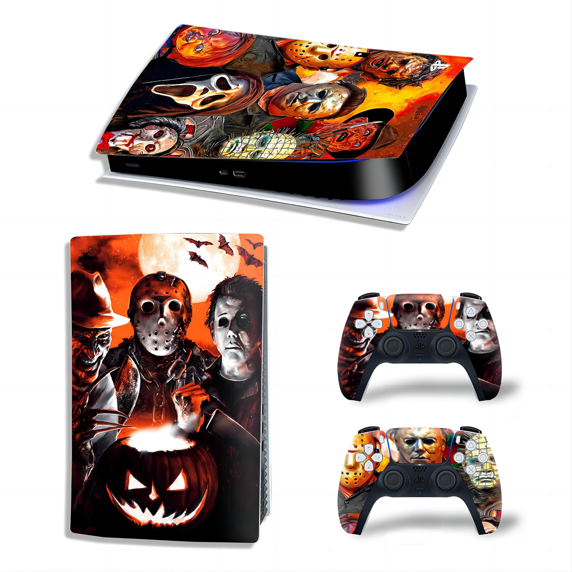 Horror P-S5/Play-station Digital Version Protectors Skin, Durable, Bubble-Free Halloween Console and Controllers Stickers Protectors Accessories for P-S5 Halloween Decor