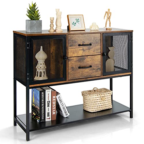 PETSITE Sideboard Buffet with Storage Cabinet, Industrial Coffee Bar Console Table Credenza with Mesh Doors, Drawers & Shelf for Kitchen Entryway, Rustic Brown