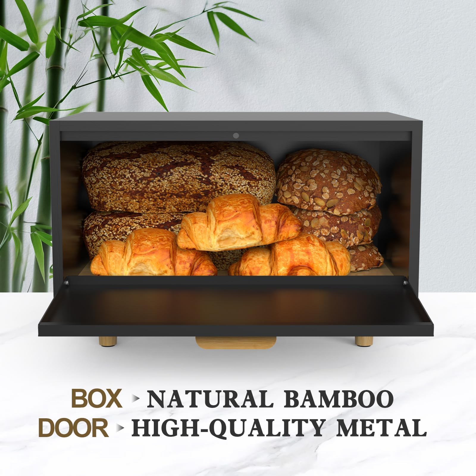 LOHASOK Bread Box for Kitchen Countertop Large Farmhouse Bread Container Bread Storage Bamboo Bread Holder with Metal door Black