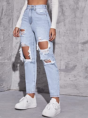 MakeMeChic Women's Ripped Mom Jeans High Waisted Distressed Denim Pants Light Wash M