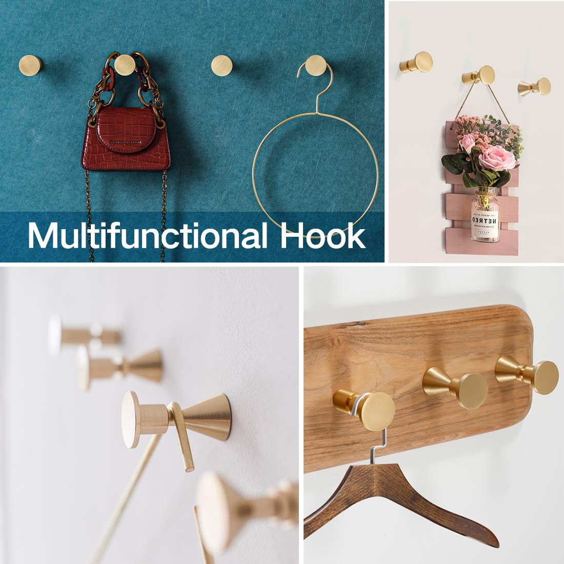 TECI Solid Brass Gold Hooks Heavy Duty Wall Mounted.Perfect for Purse,Coats, Jackets, Hats, Scarfs, Bags, Backpacks,Hat,Towel, and More.Available for Clothing Store, Hotel, Cafe, TC005D