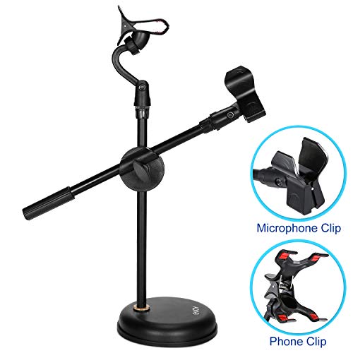 EXJOY Desk Microphone Stand with Smartphone Holder, Adjustable mic stand with Non-Slip mic holder clamp, Heavy Round Base