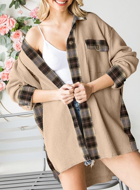 SHEWIN Womens Waffle Knit Plaid Shacket Button Down Shirts Jacket Boyfriend Shirts Long Sleeve Tops Fall Clothes for Women 2023 Apricot S