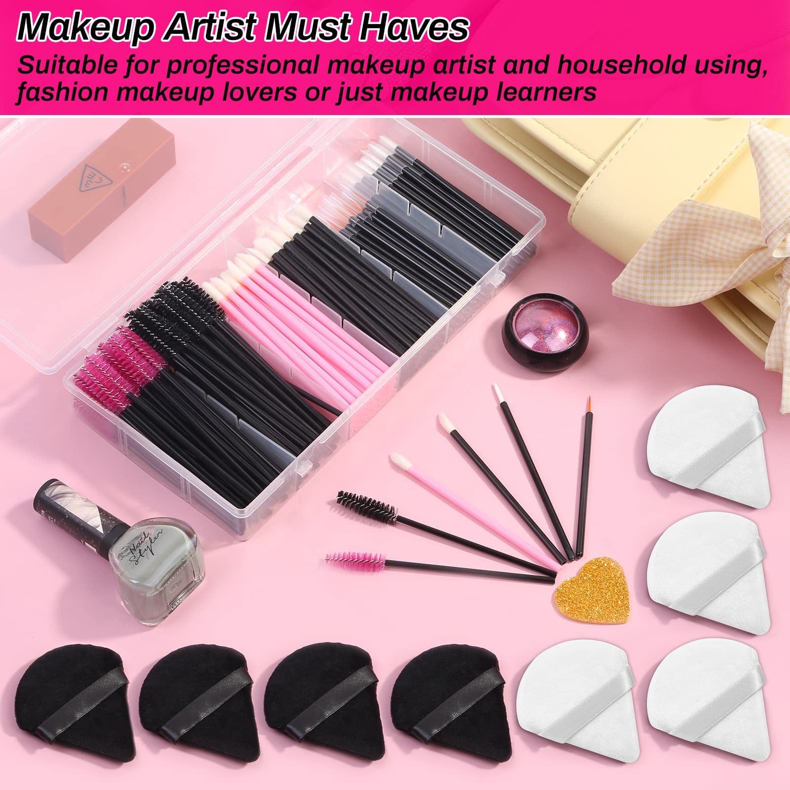 Disposable Makeup Applicators for Makeup Artist, Makeup Mixing Tray with Disposable Makeup Acessories Tools Kit (Mascara Applicators, Lipstick Wands, liner Brushes)