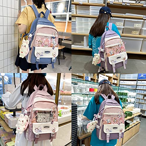 MocaDng Backpack for Girls, Kawaii Backpack Cute Aesthetic Backpack with Pin Accessories Plush Pendant, 17.7 Inch Backpack for School & Travel - Durable, Water Resistant (Purple)